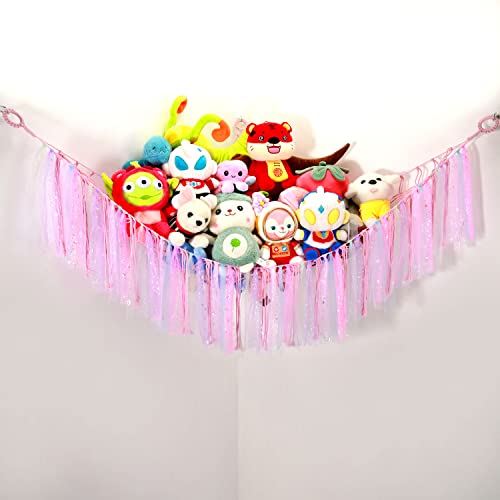 Stuffed Animal Net or Hammock with LED Light, Toy Hammock Hanging Stuffed Animal Storage Organizer Holder for Nursery Playroom Bedroom Kids Room Toy Storage (Pink)
