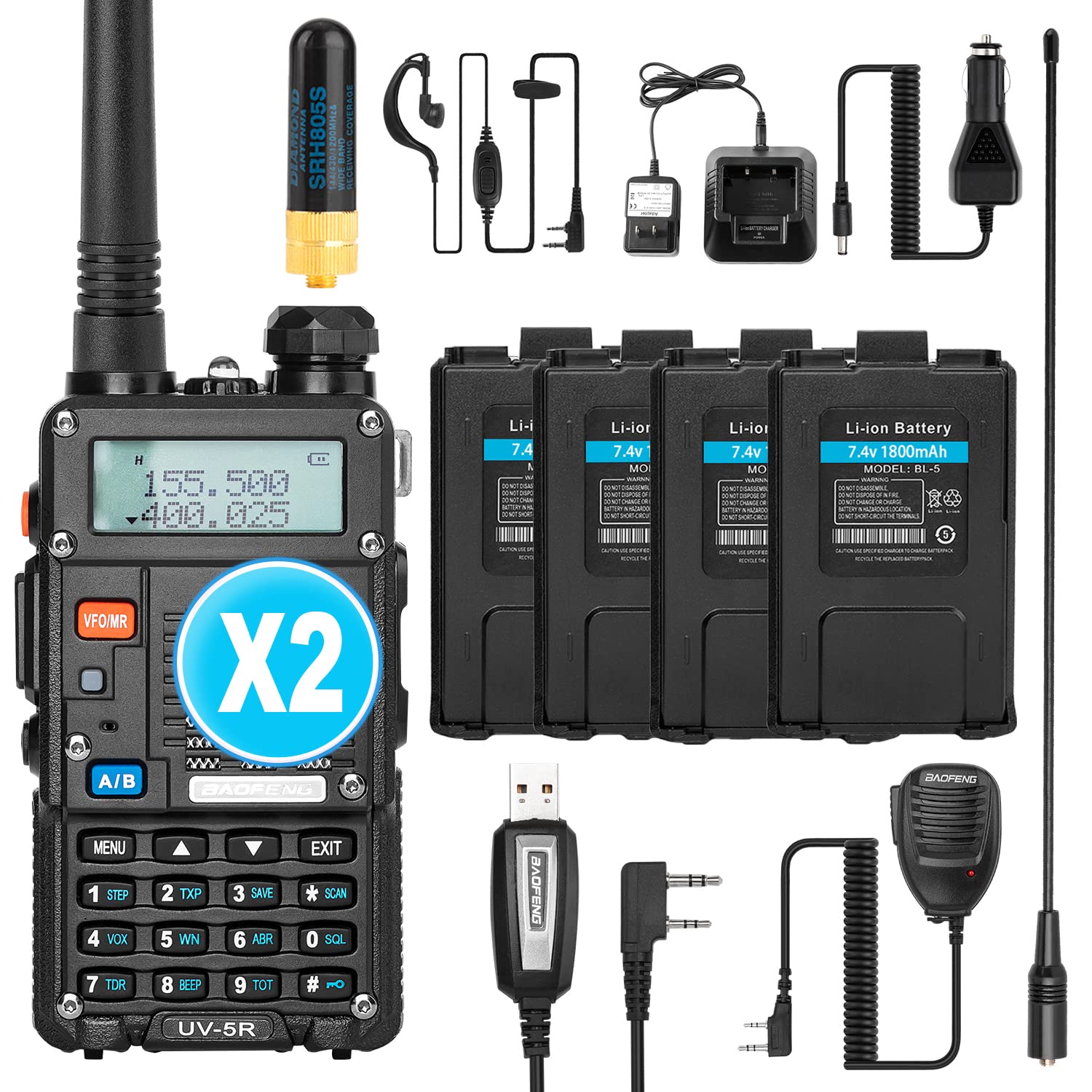 BAOFENG Ham Radio, UV-5R Pro 8W Walkie Talkies, Handheld Dual Band Two Way Ham Radios Long Range with Rechargeable Battery, Earpieces, Mic, Antenna and Programming Cable (2 Pack)