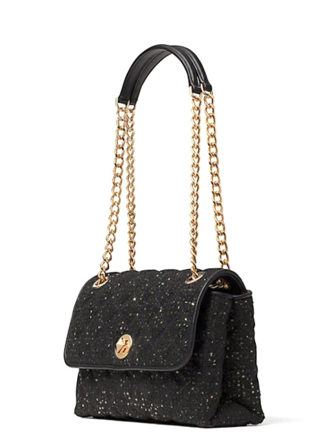 KATE SPADE NATALIA SEQUIN TWEED FABRIC MEDIUM FLAP SHOULDER BAG IN BLACK
