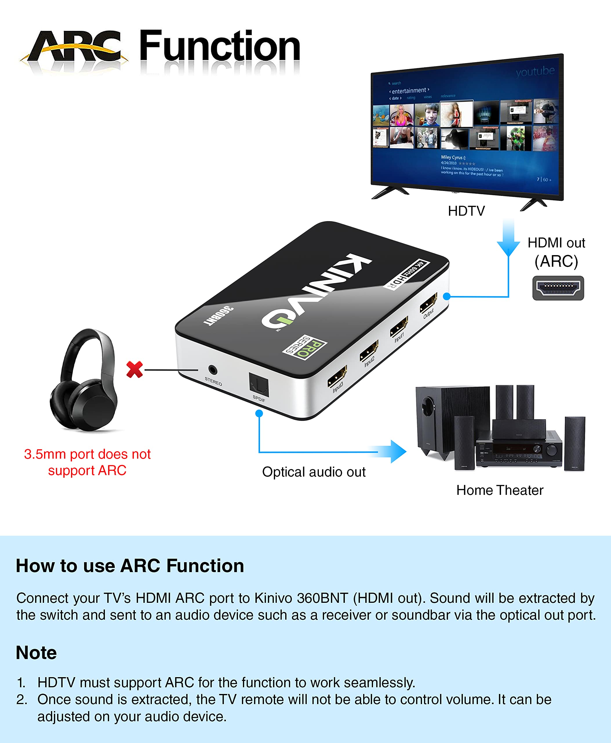 Kinivo HDMI Switch with Audio Extractor 360BNT (3 in one out, Toslink Optical Audio Port, SPDIF, 4K 60Hz, High Speed 18Gbps, IR Remote) - Compatible with Roku, PS5, Xbox, Apple TV, Dolby Digital/Atmos
