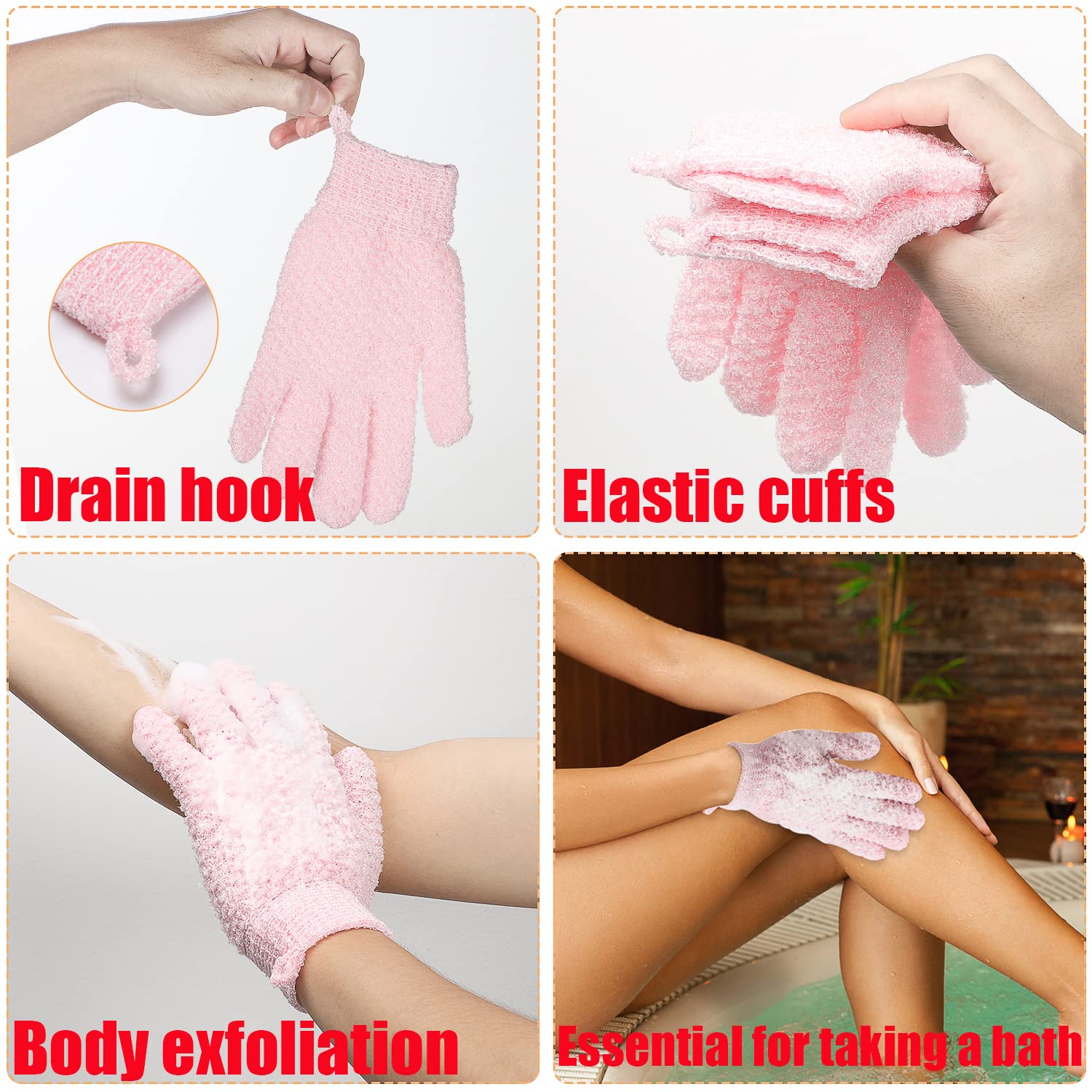 Bath Exfoliating Gloves for Shower,JASSINS Thick Soft Double Exfoliating Shower Gloves,Dead Skin Cell Remover Bathing Supplies,1Pair(Pink)
