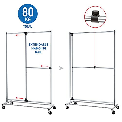 Tatkraft Marvel Heavy Duty Adjustable Clothes Rack on Wheels, Rolling Double Rod Garment Rack, Chromed Steel