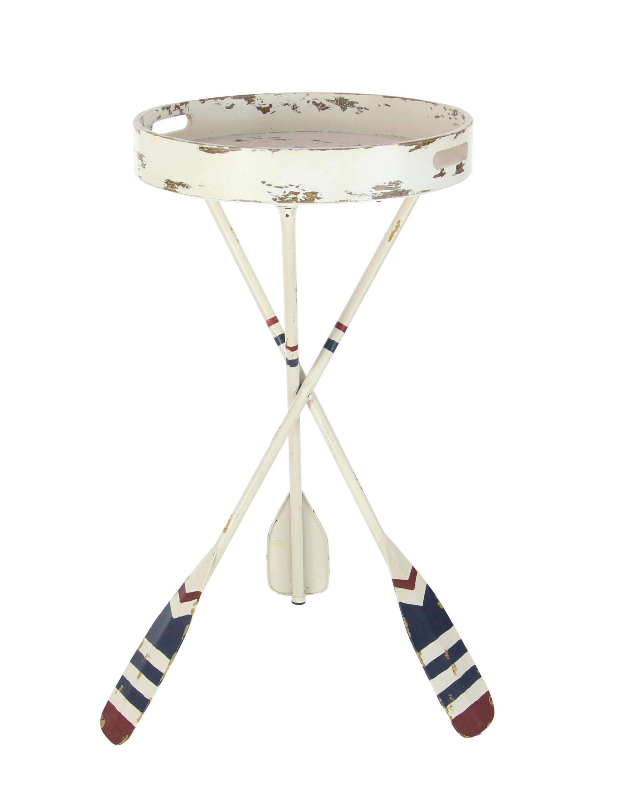 Deco 79 Metal Paddle Side End Accent Table Distressed Striped End Table with Navy and Red Striped Oar Legs, Side Table 16" x 16" x 28", White