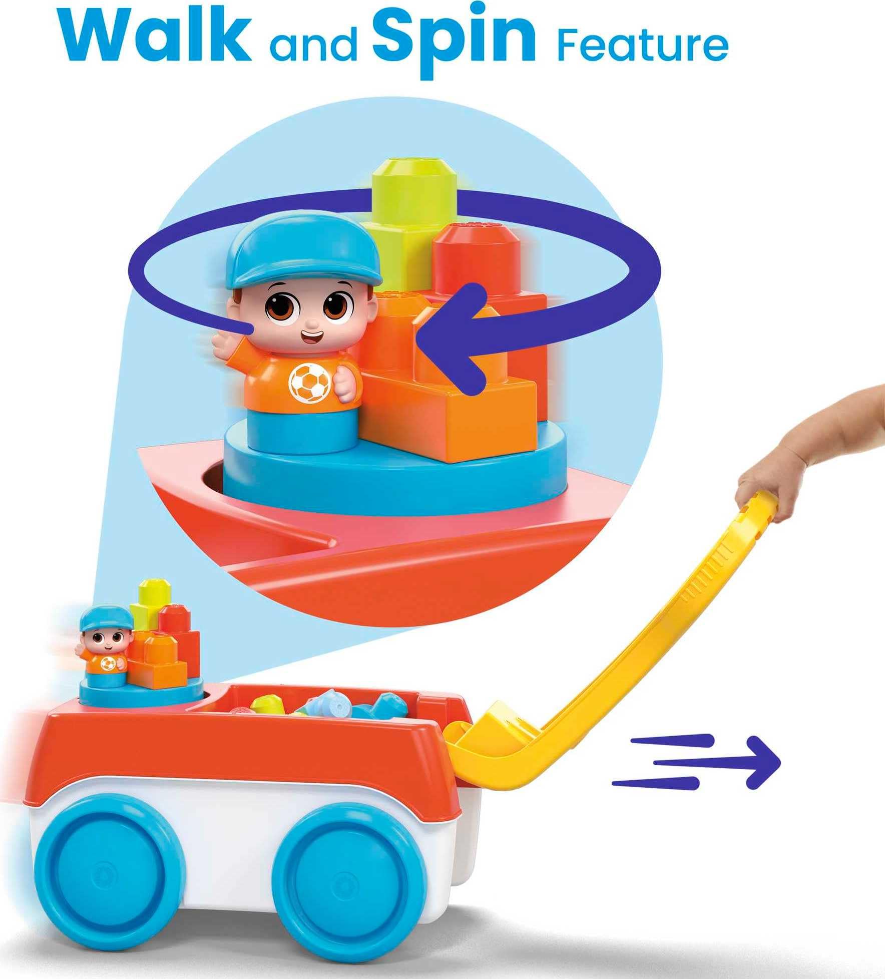 Mega BLOKS First Builders Toddler Building Toy Set, Block Spinning Wagon with 20 Pieces and Storage, 1 Figure, Ages 1+ Years
