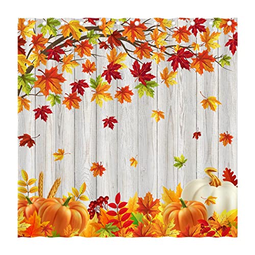 Juirnost Fall Shower Curtain Autumn Thanksgiving Day Pumpkin Shower Curtain Farmhouse Falling Maple Leaves Rustic Wooden Board Shower Curtain Home Bathtubs Decors 12 Hooks Washable Polyester 72"x72"
