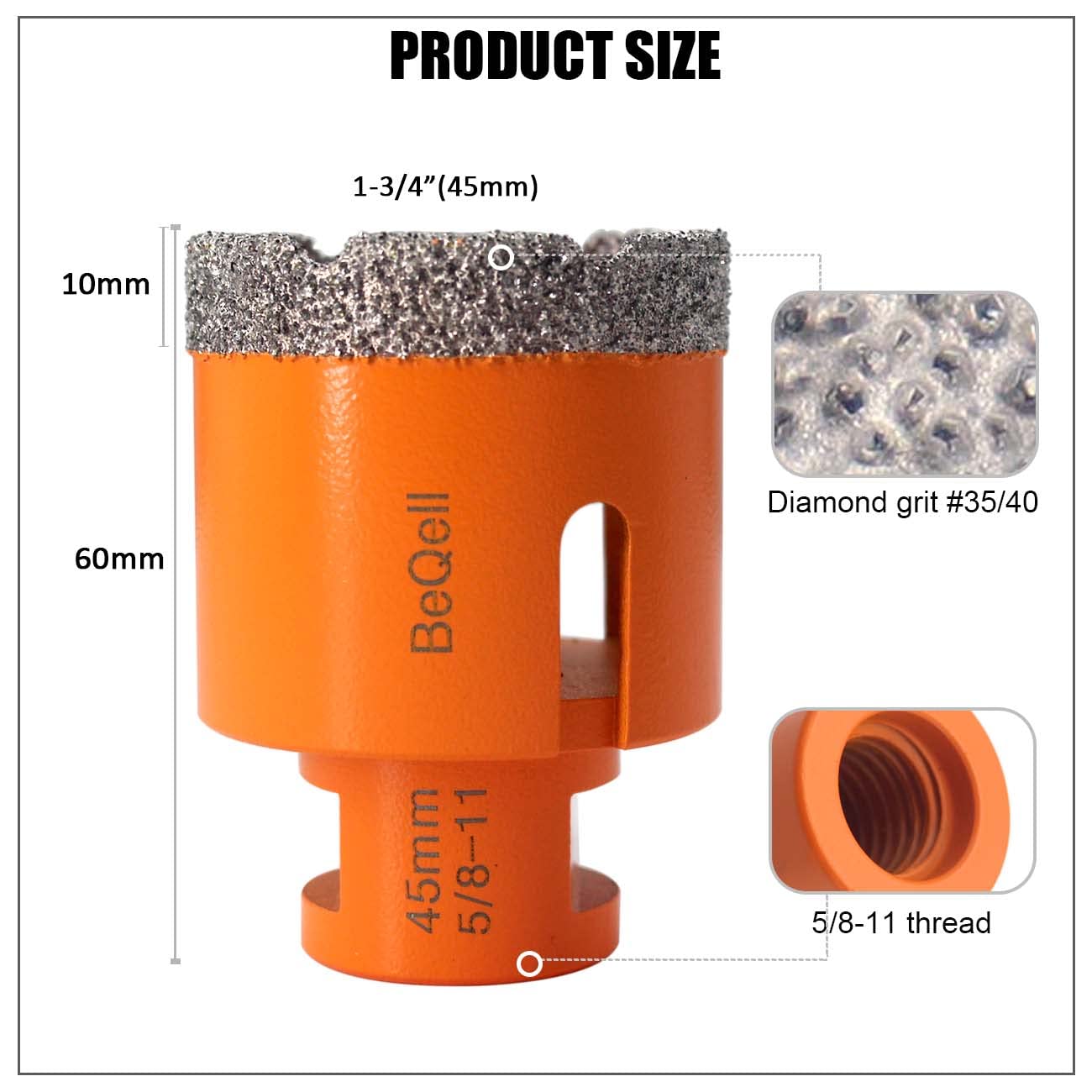BeQell 1-3/4" Diamond Core Drill Bit 45mm 5/8-11 Thread Diamond Hole Saw for Porcelain Tile Ceramic Marble Brick Granite Drilling & 3/8" Hex Shank Adapter