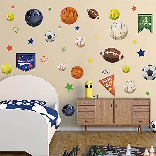 Supzone Sport Balls Wall Stickers Boys Sports Race Flag Wall Decals Colorful Basketball Soccer Baseball Stars DIY Vinyl Wall Art Sticker for Boys Playroom Bedroom Living Room Wall Décor