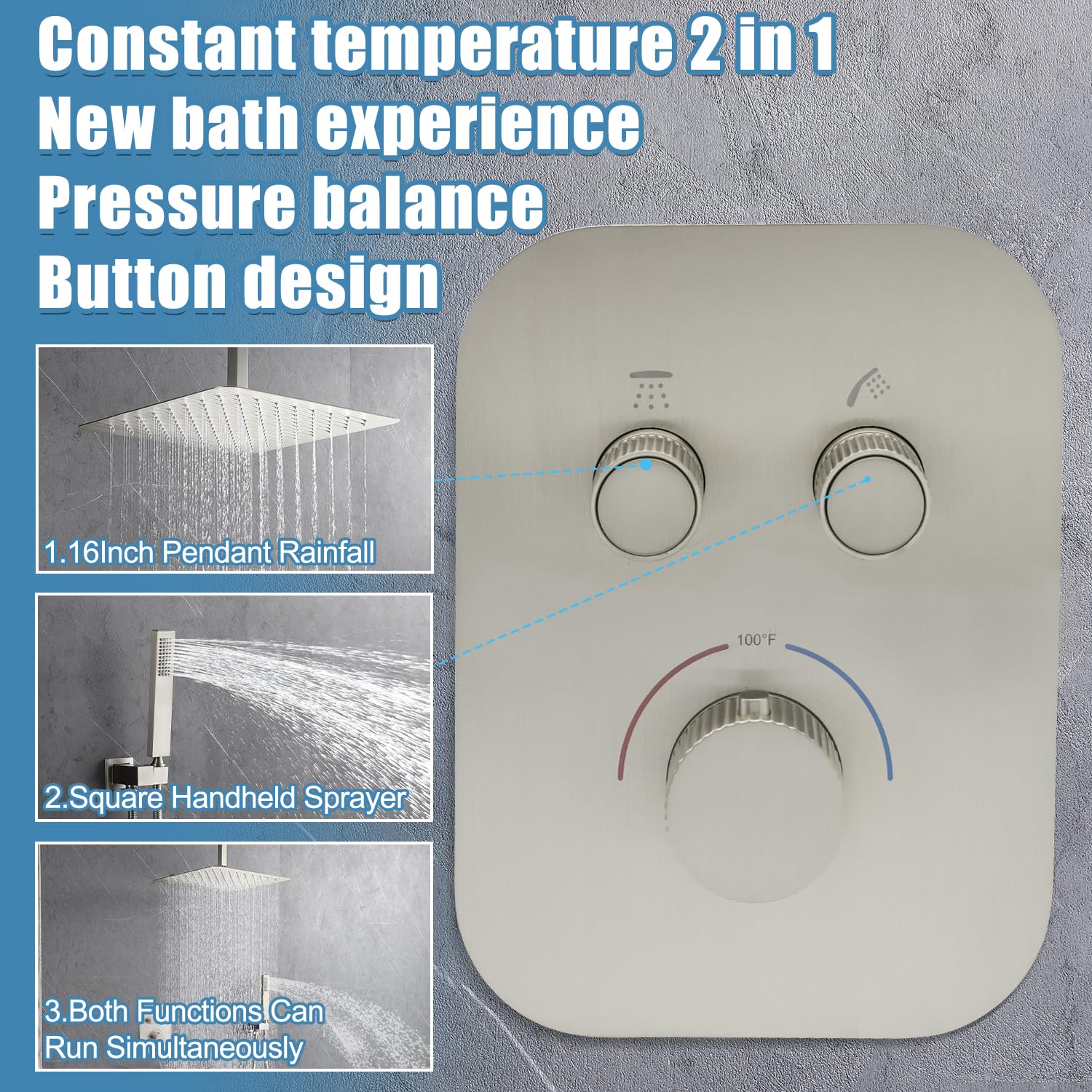 Backnets Shower System 12 inch Ceiling Mount Shower Faucet Set High Pressure Shower Head System with 4pcs Adjustable Body Sprays,Bathroom Shower Fixtures Rain Mixer Shower Combo(Brushed Nickel)