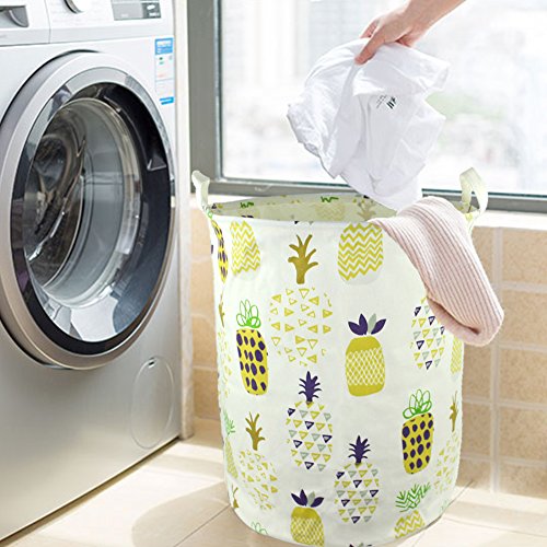 Orino 19 x 16.5 Inches Extra Large Canvas Fabric Folding Storage bin with Handle Waterproof Home Decor Laundry Hamper Organize Pineapple Storage Baskets for Dirty Clothes, Toy (Yellow)