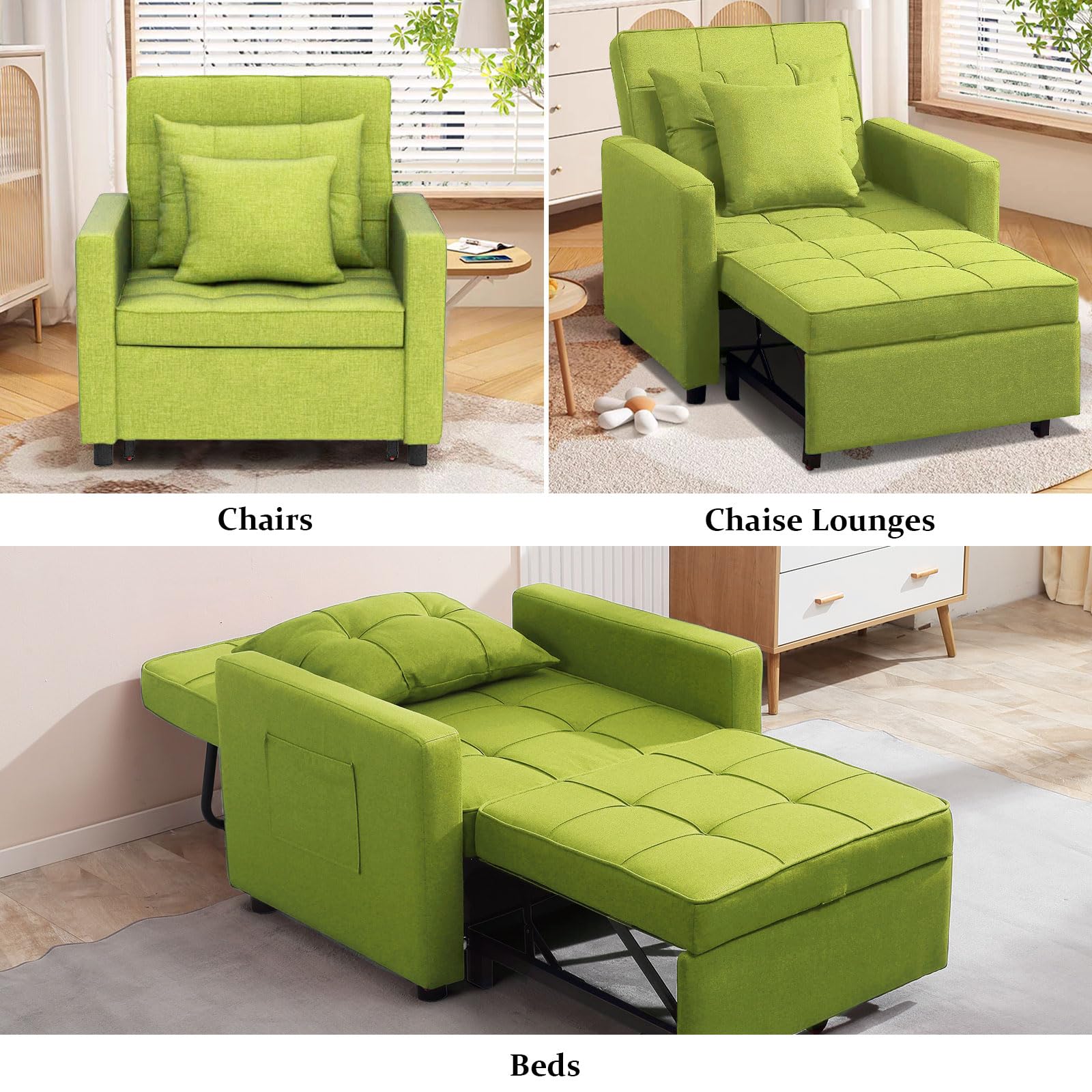 Convertible Chair Bed - Folding Sofa Bed Chair with Adjustable Backrest, 3-in-1 Multi-Functional Pull Out Sleeper Chair Bed Single Armchair Sofa Bed with Side Pocket (Green)