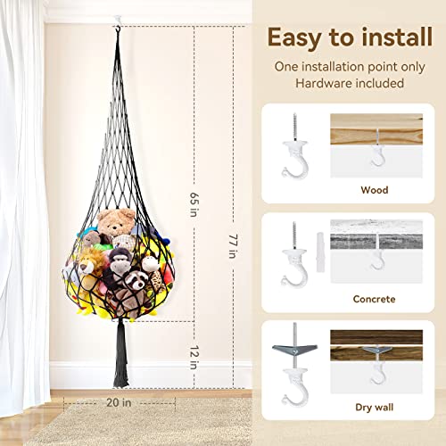 Stuffed Animal Net Or Hammock, Toy Net For Stuffed Animals, Stuffed Animal Holder With Hooks, Large Hammock For Stuffed Animals, Hanging Corner Stuffed Animal Organizer For Kids Bedroom Playroom Black