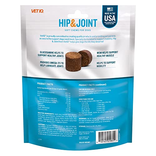 VetIQ Hip & Joint Supplement for Dogs, Anti Inflammatory Joint Support, Glucosamine, MSM, and Krill, Chicken Flavored Soft Chews, 60 Count