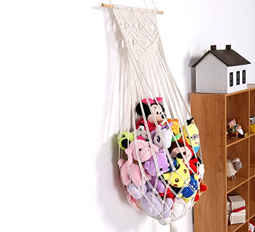 Stuffed Animal Net or Hammock Macrame Toy Display Wall Hanging Net for Plush Toy Storage Boho Nursery Bedroom Decor Stuffy Animal Toy Organizer