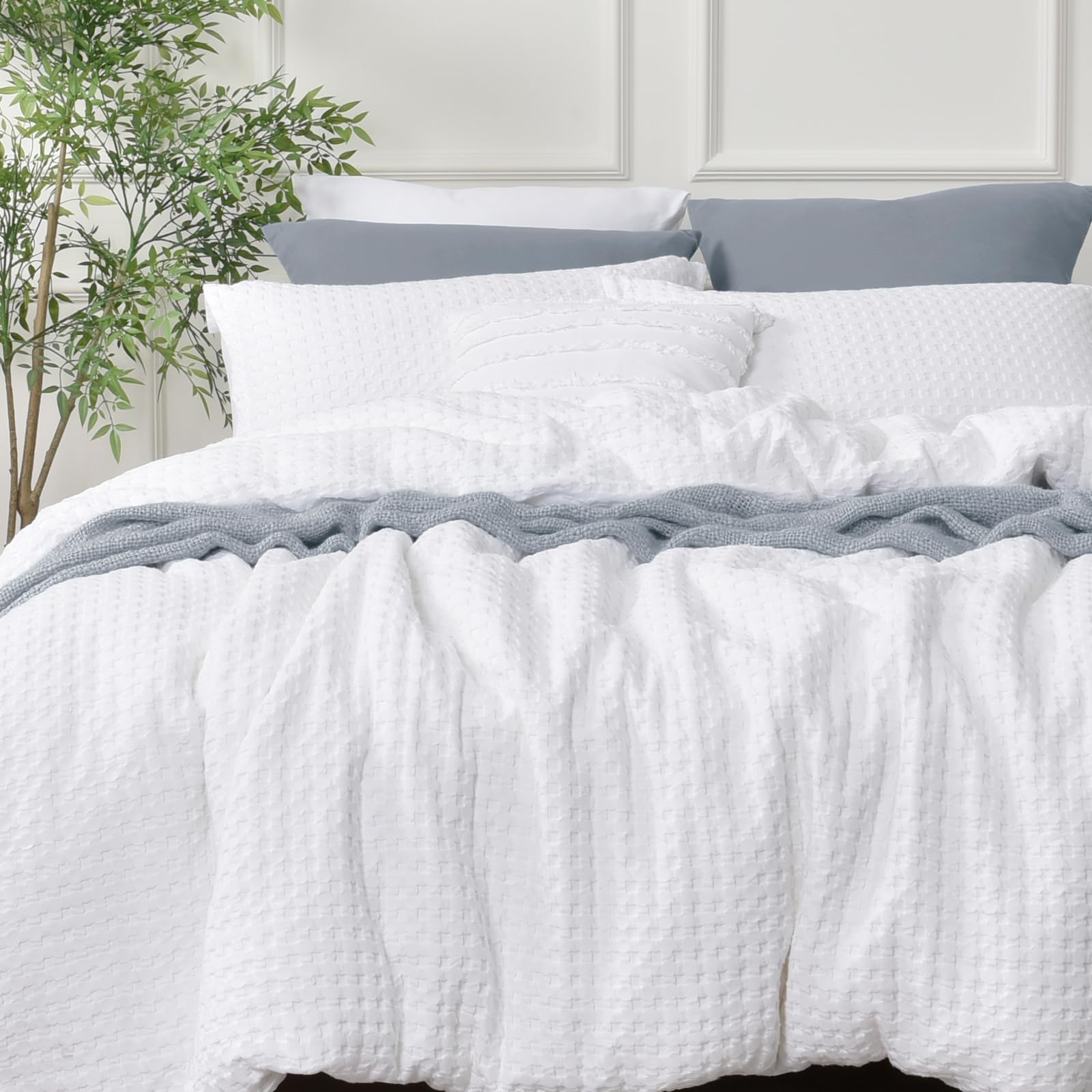 David's Home 100% Cotton Duvet Cover Set Twin Size, Waffle Weave Duvet Cover with Pillow Shams, 2pcs Ultra Soft and Breathable Comforter Cover Set, 68x90 Inches, White