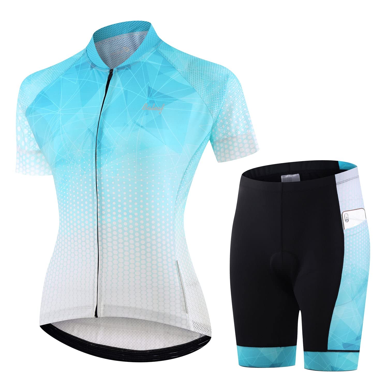 BALEAF Women's Cycling Jersey Set Short Sleeve with 3D Padded Bike Shorts Breathable Shirt Pockets Blue-B Size L