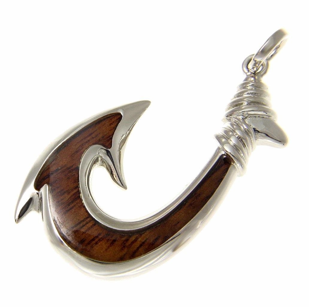 Arthur's Jewelry Koa Wood Hawaiian Wave Fish Hook Rhodium Plated Brass Reversible Pendant