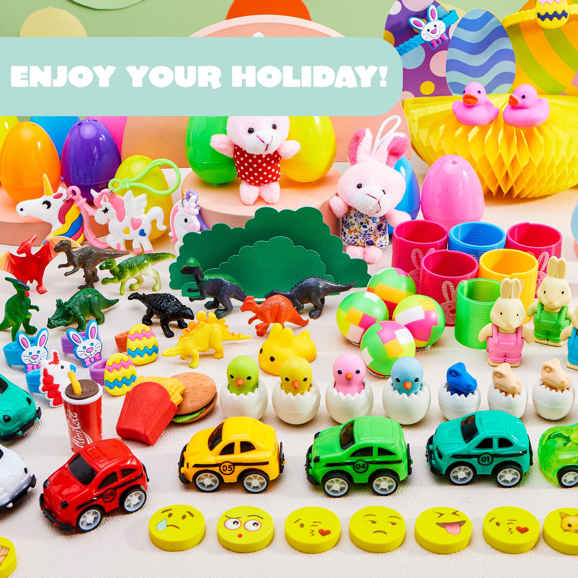 JOYIN 100 Pcs Prefilled Easter Eggs with Toys Plus Stickers, Filled Easter Eggs with Toys Party Favors for Kids Boys Girls Easter Eggs Hunt, Easter Basket Stuffers Fillers,Classroom Prize Supplies