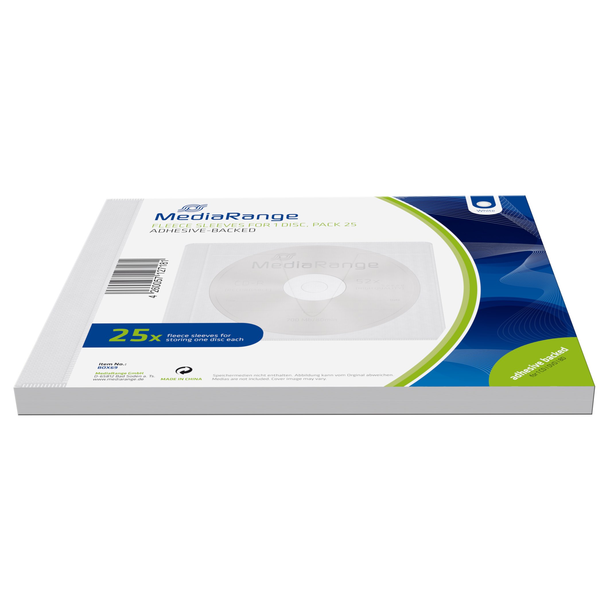 MediaRange BOX69 CD Fleece Bags (25) White with Flap + Adhesive Back