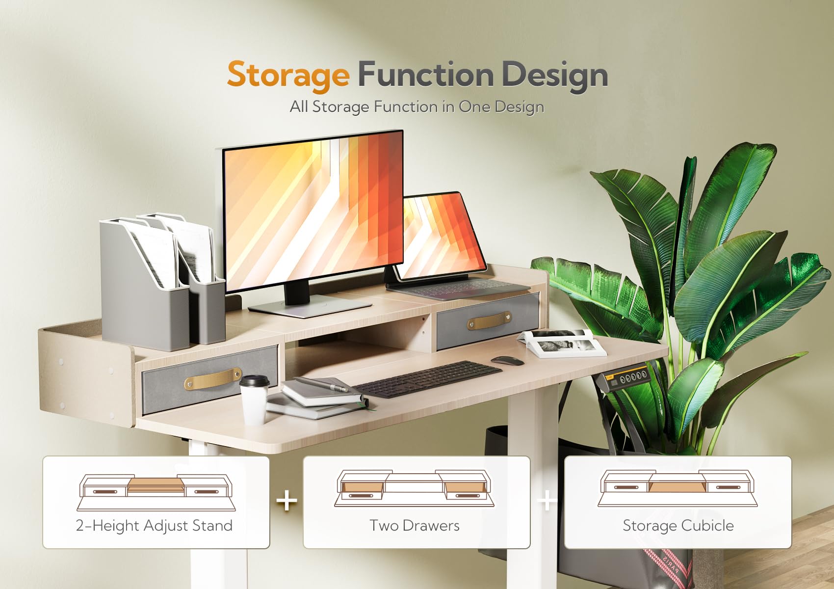 Claiks Standing Desk with Drawers, Stand Up Electric Standing Desk Adjustable Height, Sit Stand Desk with Storage Shelf and Splice Board, 48 Inch, Natural