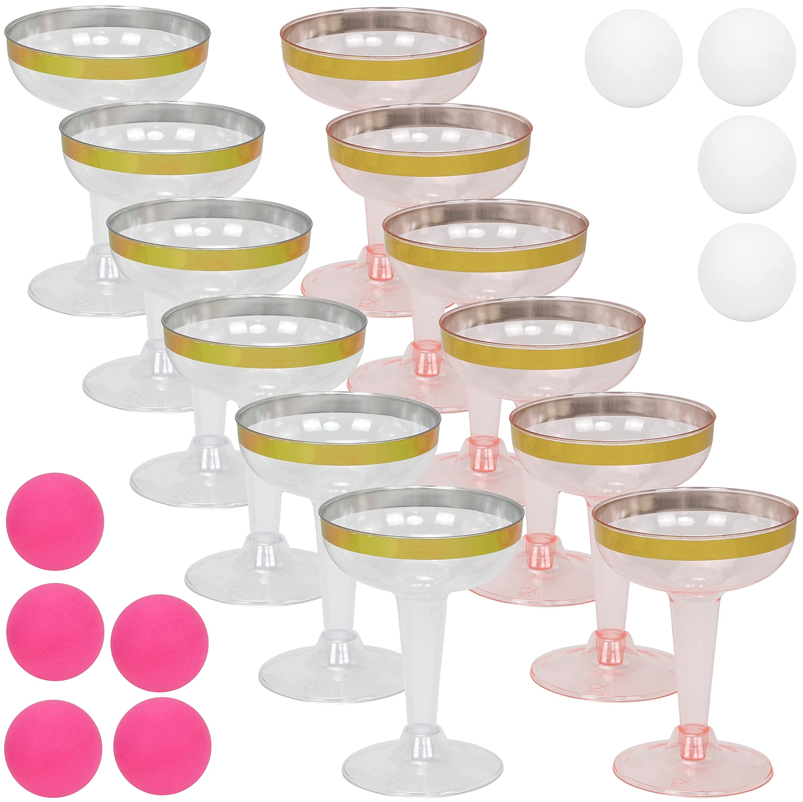 Iconikal Champagne Pong Game Balls and Fluted Cups, Gold Trimmed, 21-Piece Set