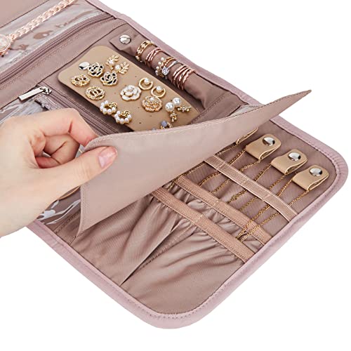 BELALIFE Travel Jewelry Case Organizer, Foldable Jewelry Storage Roll for Earrings, Necklaces, Rings, Bracelets, Brooches, Pink