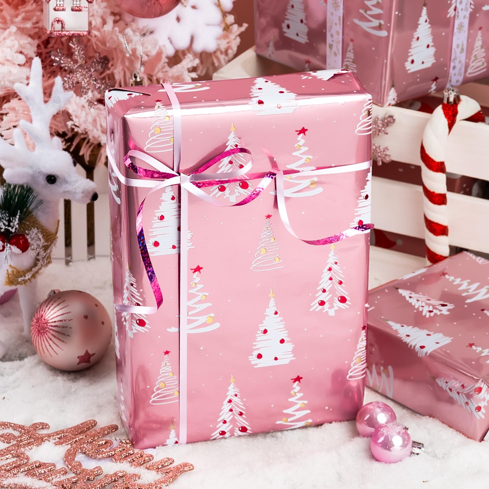 Burymento Christmas Wrapping Paper Roll, Pink Gift Wrap Paper with Grid Lines for Christmas,Metallic Foil Shiny Wrapping Paper - 17 Inches x 32.8 Feet 1 Roll Christmas Trees