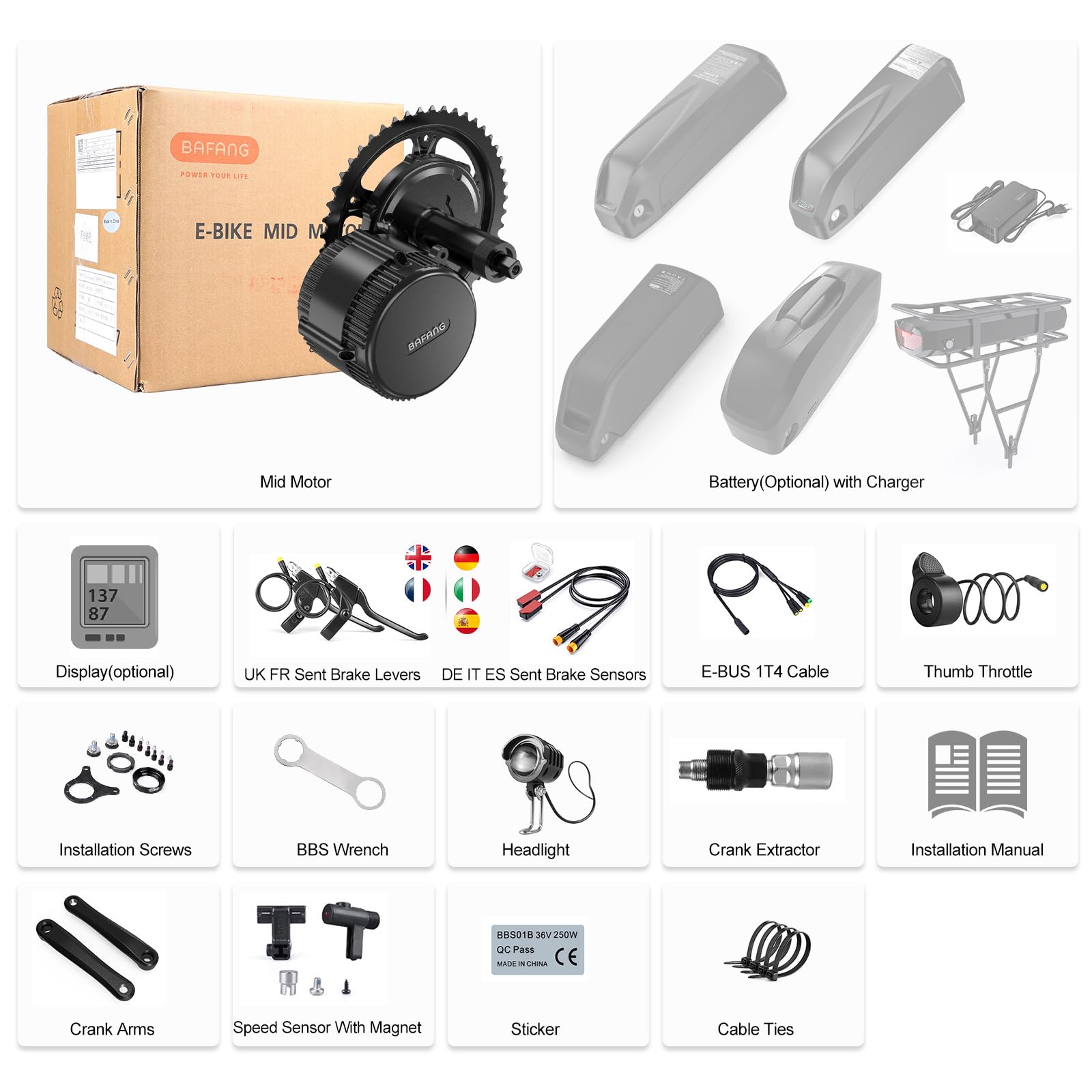 BAFANG BBS02B 48V 750W Mid Drive Electric Bike Motor Ebike Conversion Kit Mid-Mounted Engine for Mountain Bike Road Bicycle with Optional 48V 17.5Ah 18Ah and 48V 20Ah Battery