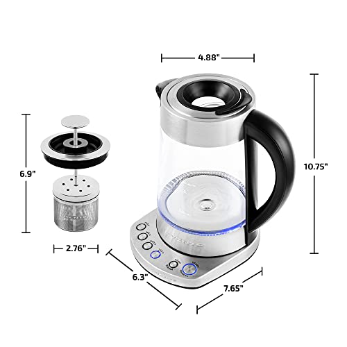 OVENTE Glass Electric Kettle Hot Water Boiler 1.7 Liter ProntoFill Tech Portable Kettle w/ Set Temperature Control, 1500W Keep Warm BPA Free w/ Stainless Steel Base & Tea Maker Infuser - Silver KG733S
