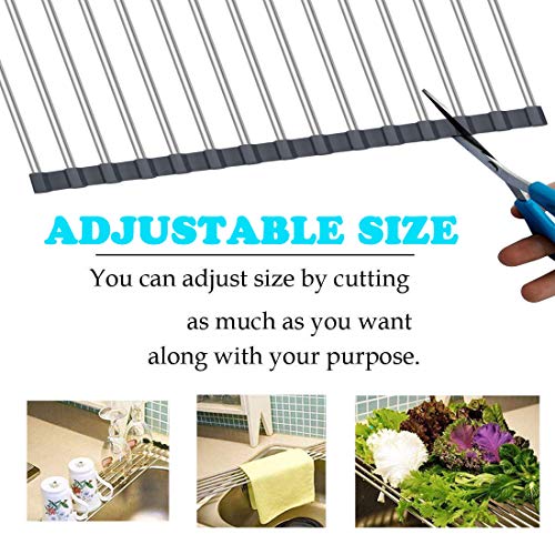 Roll Up Dish Drying Rack, Over The Sink Dish Drying Rack, Compact Kitchen Rolling up Sink Plate Drying Rack, Portable Dish Rack Dish Drainer, Urwanti Foldable Stainless Steel Sink Rack (17.8" x 11.3")