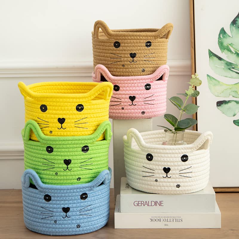 Bafnsiji Cute Cat Face Pattern Braided Storage Basket, Cotton Rope Animal Design Braided Clutter Storage Bag, Washable Snack Sundries Storage Basket,Pink