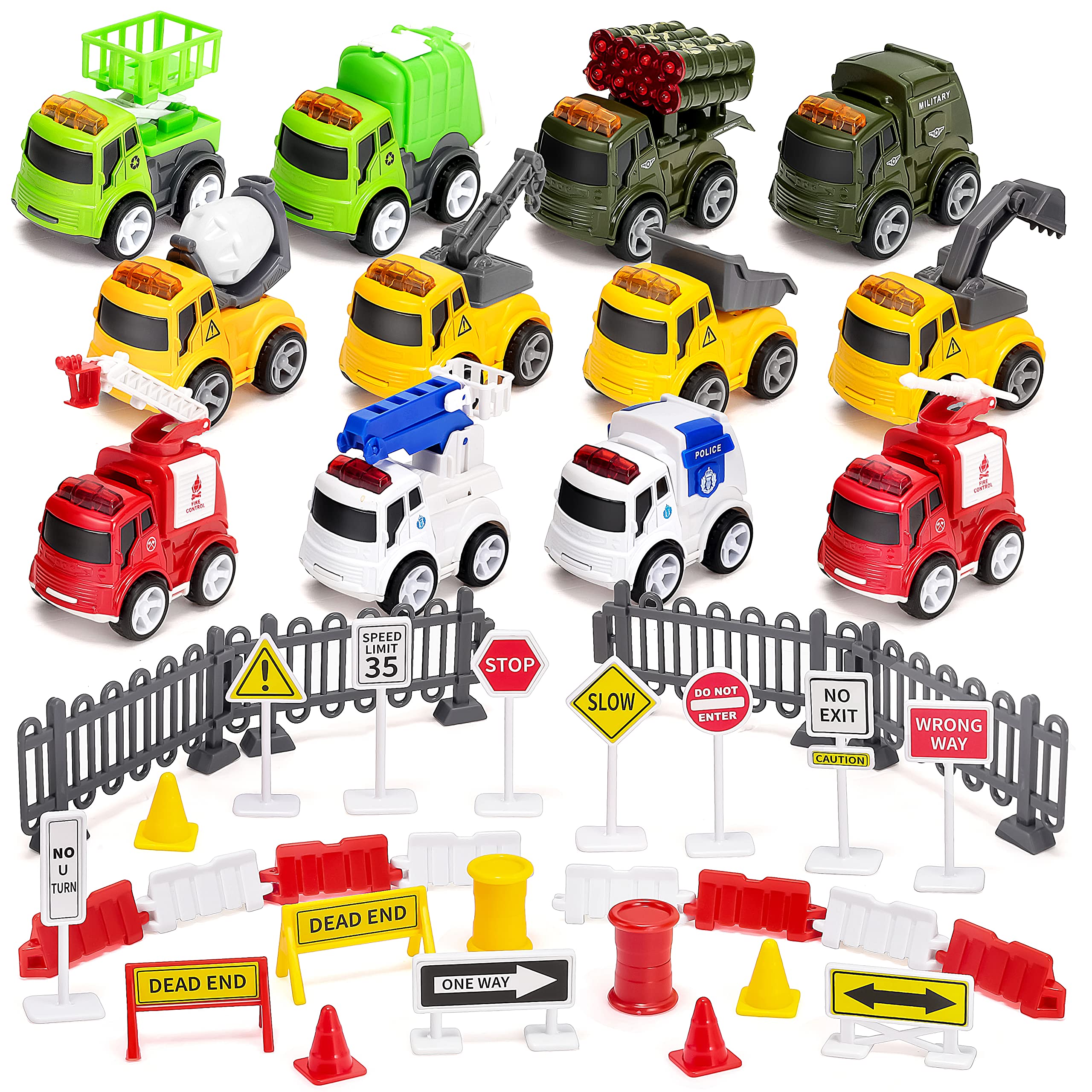 JOYIN 12Pcs Toddler Toy Cars Diecast Friction Powered Vehicles with 12 Traffic Road Signs 4 Construction Truck 2 Fire Truck 2 Police Car 2 Garbage Truck 2 Military Car Kids Birthday Easter Xmas Gifts
