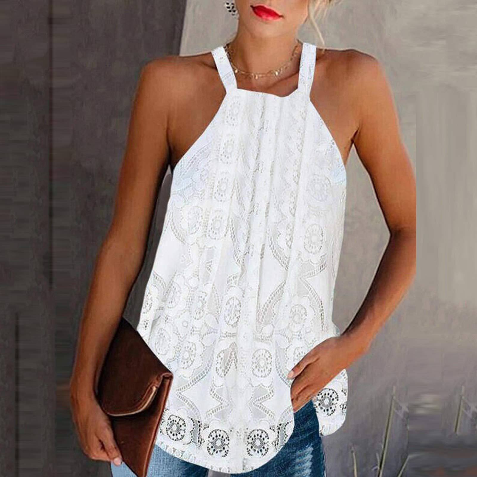 Padaleks Women's Colorblock O Neck Strappy Camisole Tank Tops Cold Shoulder Loose Casual Sleeveless Shirts Blouses