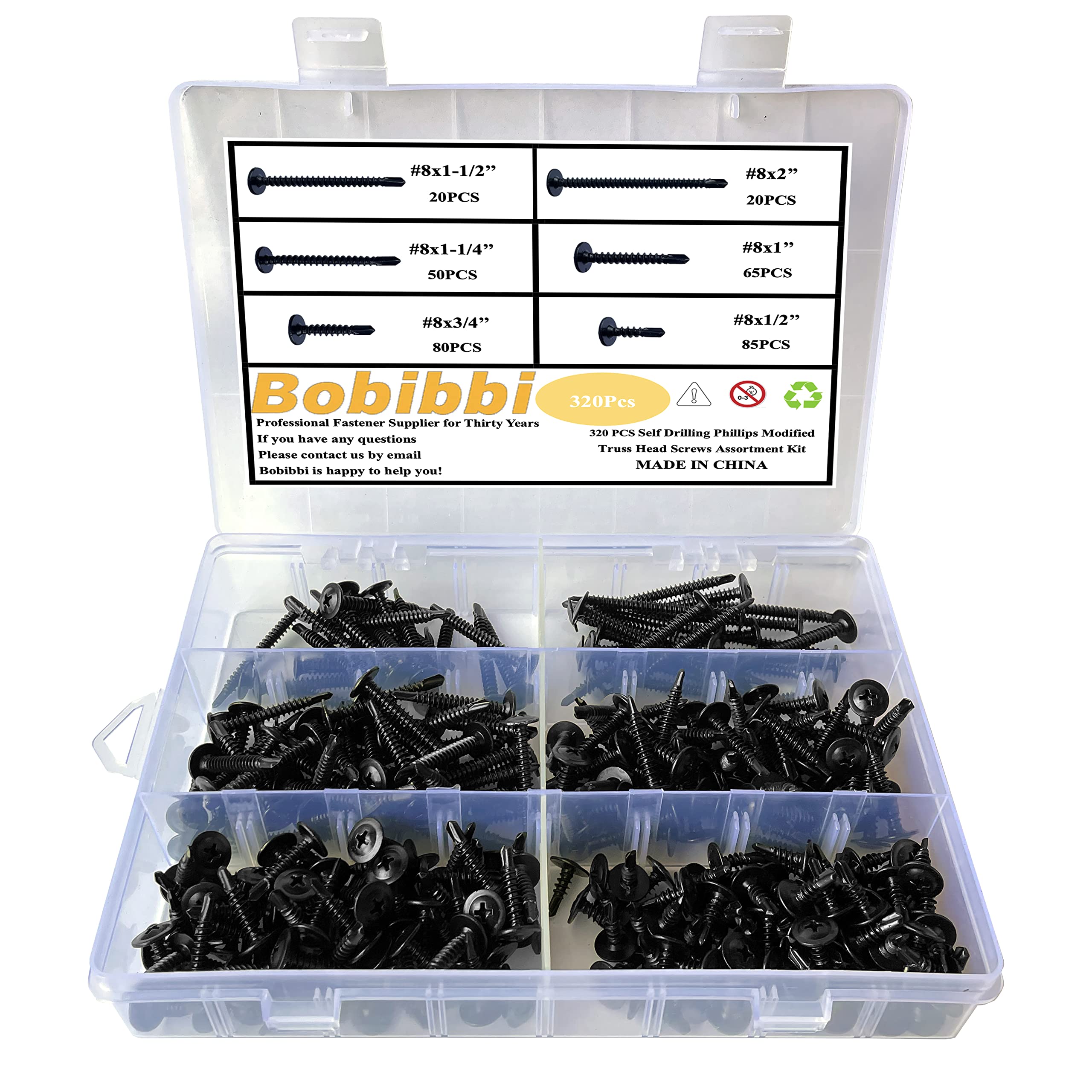 Bobibbi 320pcs #8 Black Self Tapping Screws for Metal Assortment Kit, Self Drilling Screws with 6 Sizes: #8 x 1/2'' - 2''