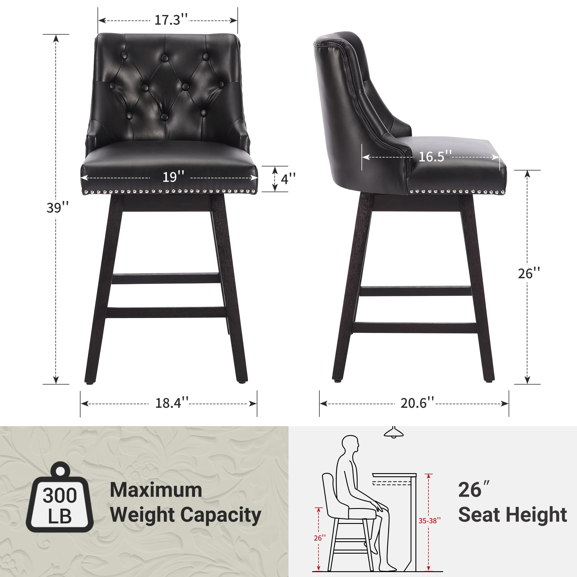 Busaurus Swivel Bar Stools Counter Height, 26" Faux Leather Upholstered Swivel Counter Stools with Back Set of 4, Modern Kitchen Island Stools with Solid Wood Legs, Black