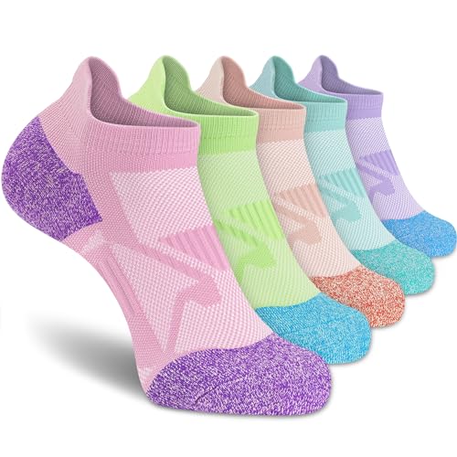 Ankle Socks Womens Athletic Running Low Cut Compression No Show Cushioned Socks 5-Pairs Mutil-colorful