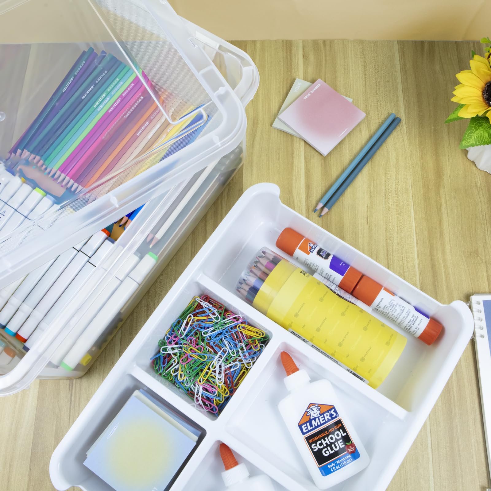 Creahaus 17 Quart Plastic Storage Box with Removable Tray, Durable Craft Organizers and Storage Container, Stackable Art & Craft Box with Lid for Organizing, Bead, Tool, Sewing (Clear)