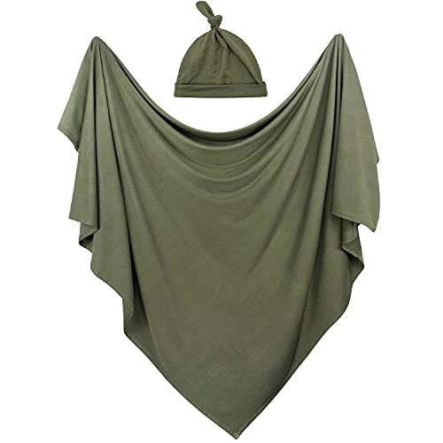 OWLOWLA Swaddle Blanket and Hat Set Newborn Swaddle Wrap Baby Receiving Blanket for Baby Boys Girls(Olive)