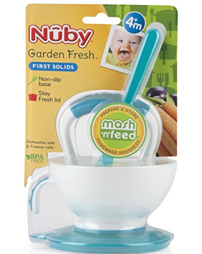 Nuby Garden Fresh Mash N' Feed Bowl with Spoon and Food Masher, Colors May Vary