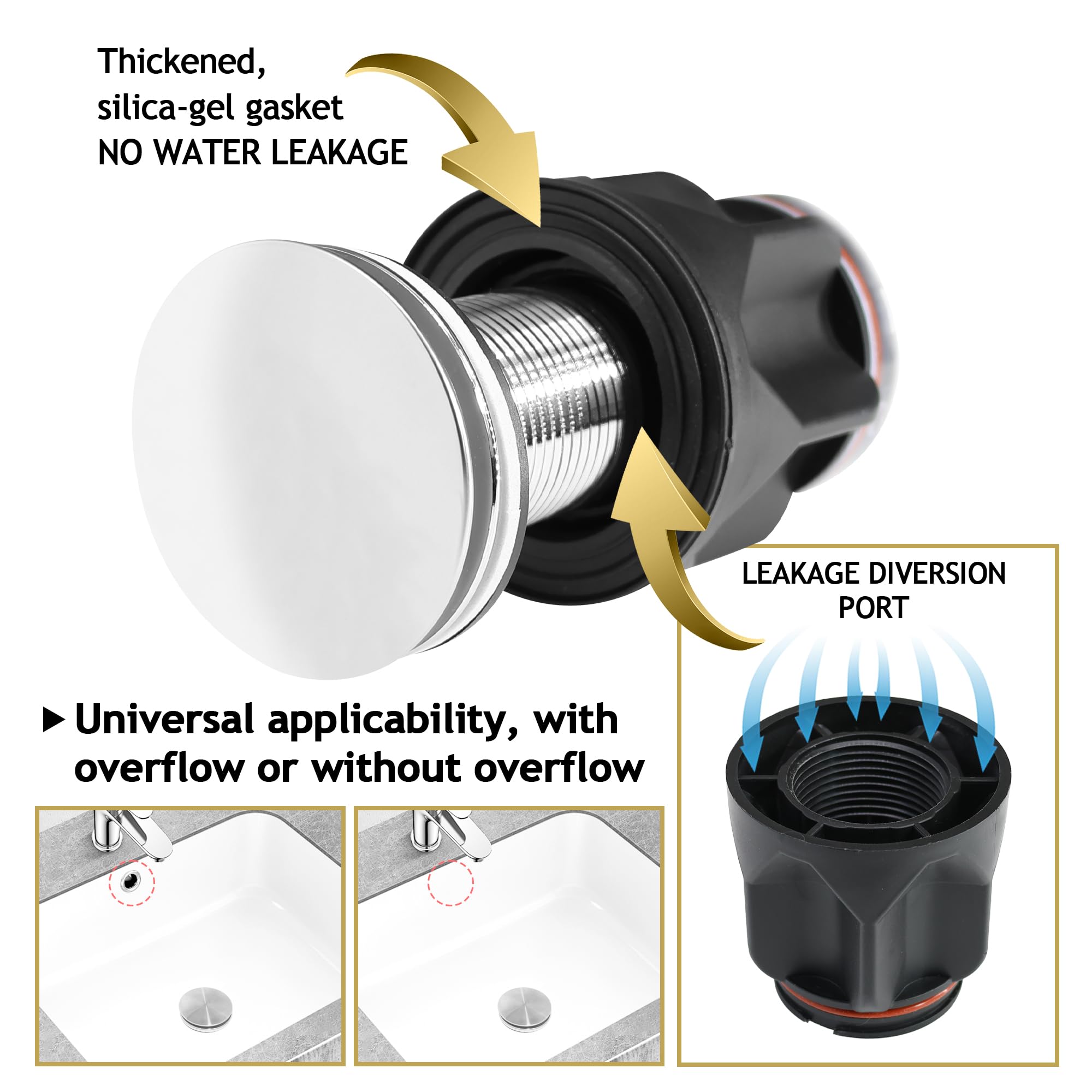 Bathroom Sink Drain Kit, with Flexible Expandable P-Trap Sink Drain Pipe, Fits 1-1/4",1-1/2" and 2'' Drain Hole, Built-in Anti-Clogging Stopper, Anti-Odor Bathroom Sink Drain