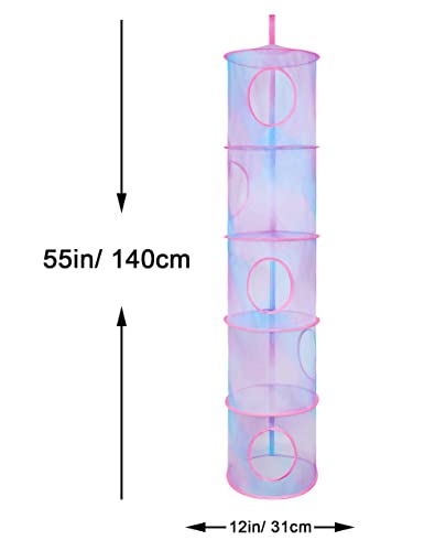 Sutinban 2 Pcs Hanging Mesh Stuffed Animal Storage for Kids Room, Bathroom and Balcony, 5 Tier Foldable Corner Net Organizer, for Organizing Plush Toys, Socks,Pink-Blue Tiedye(Pink)