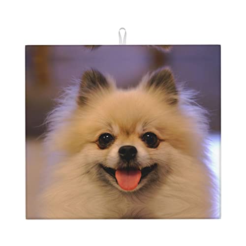 Happy short-haired pomeranian Printed Drying Mat For Kitchen Ultra Absorbent Microfiber Dishes Drainer Mats Non-Slip Silicone Quick Dry Pad - 18 X 16inch