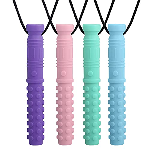 Chewy Necklace Sensory, Seeway Mace Chew Necklace for Sensory Kids, Autism Chew Toys, BPA Free, Food Grade Silicone Safety for ADHD, SPD, Oral Motor Children, Kids, Boys, and Girls【4 Pack】
