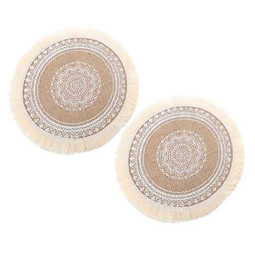 GARVALON 2pcs Tassel Cotton Linen Placemat Jute Placemat Desk Mat for Desktop Nordic Decor Rattan Coaster Pad Rustic Round Kitchen Placemat Personalized Coasters Placemats Tassel Placemats