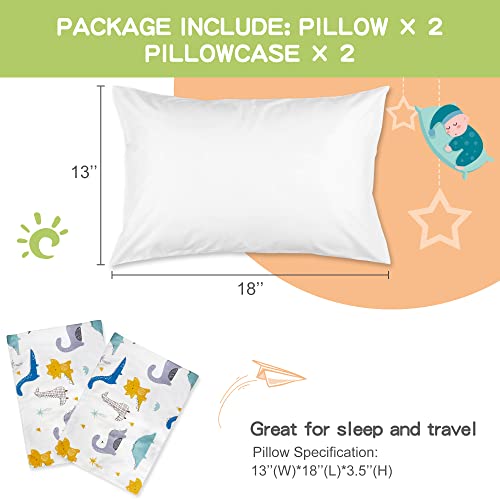Toddler Pillow with Pillowcase 2 Pack,13X18 Soft Baby Pillows for Sleeping, Machine Washable Kids Pillow with Cotton Pillowcase, Perfect for Travel, Toddlers Cot (Dinosaur)
