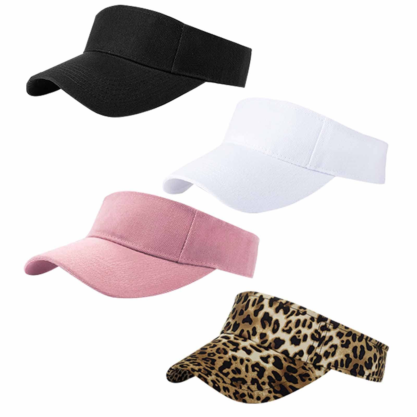 AZJ Sun Visor Hats for Women Men Adjustable UV Protection Outdoor Sports Golf Running Sun Caps 4 Pack(Black,White,Pink,Leopard)