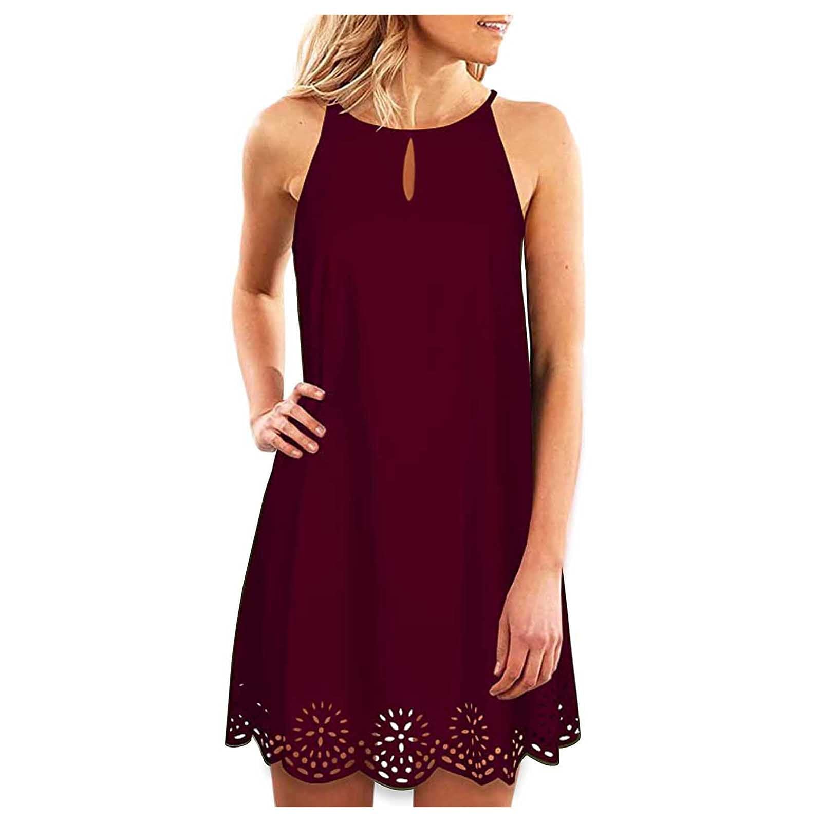 Padaleks Womens Summer Casual Sleeveless Tank Camisole Dresses Plain Racerback Midi Dress Floral Hollow Out Hem