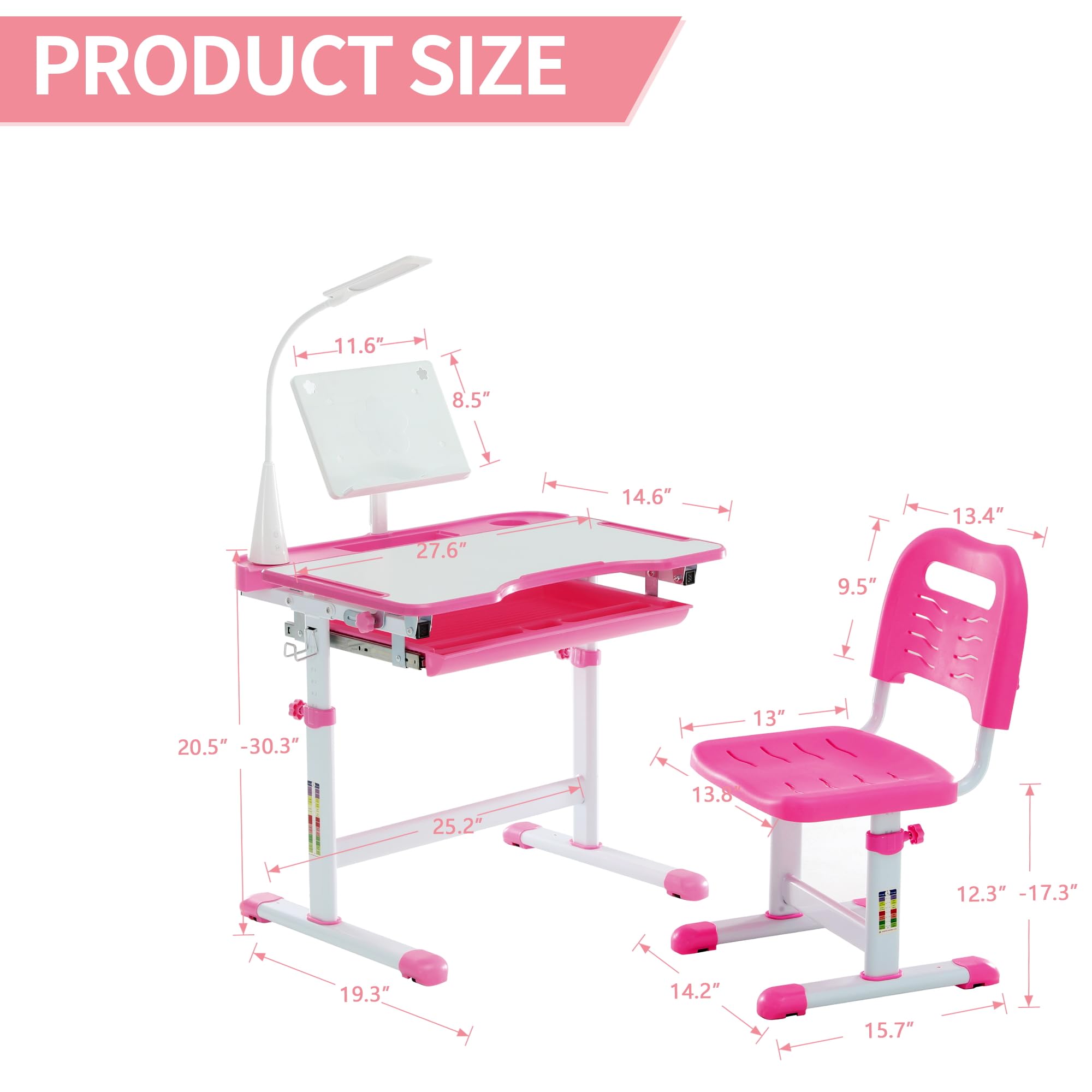 Gowxil Kids Study Desk and Chair Set, Multi Functional Height Adjustable Children School Study Desk with Tilt Desktop, Bookstand, LED Light, Metal Hook and Storage Drawer for Boys Girls, Pink