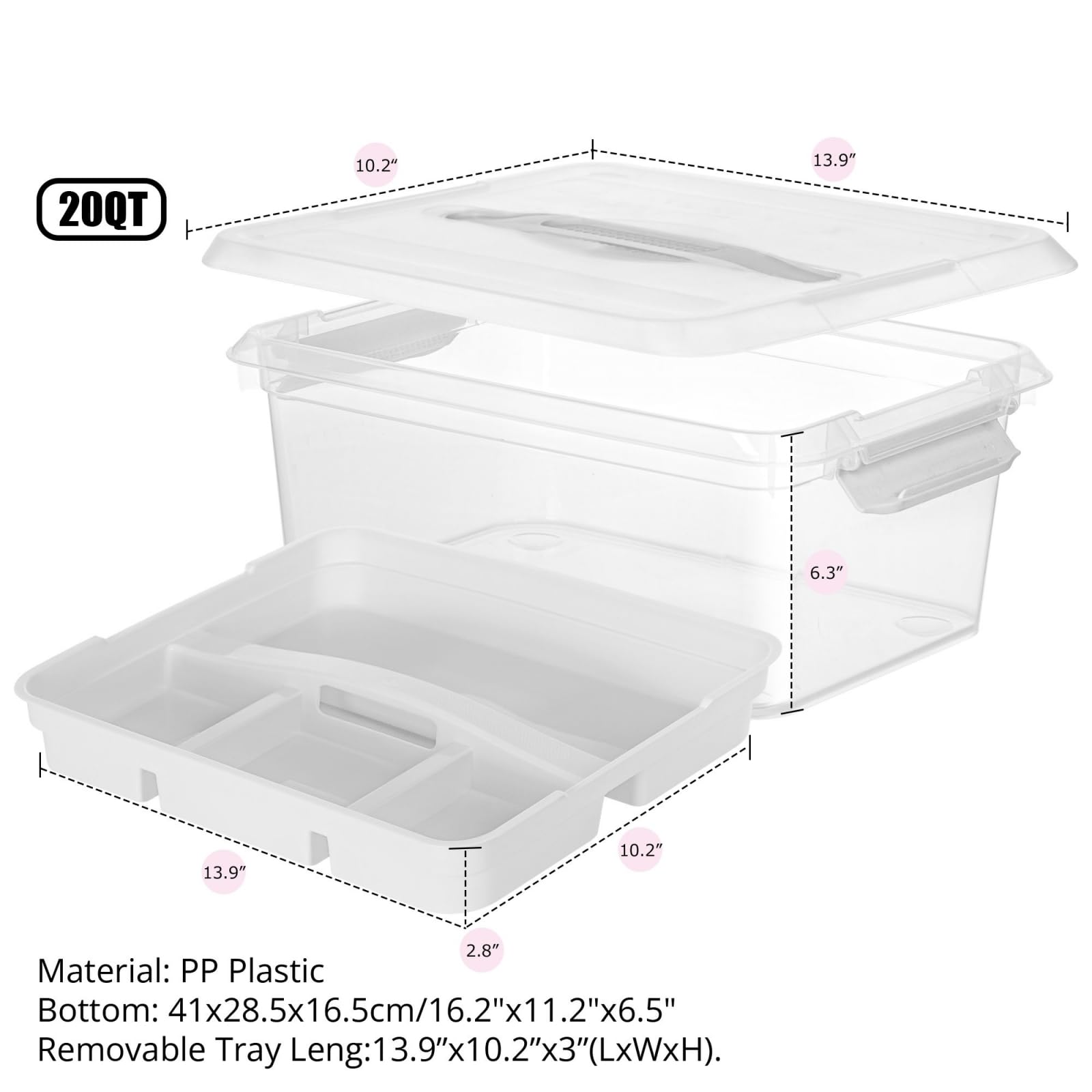 Chfeirno 20 QT Plastic Storage Box with Removable Tray,Portable Craft Organizers and Storage Bins with Lid,Clear Art Storage Container for Organizing Sewing,Crayon,Tool,Playdoh (White)