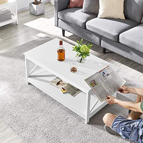 Yaheetech Wood 2-Tier White Coffee Table with Storage Shelf for Living Room, X Design Accent Cocktail Table, Simple Design Home Furniture, 39.5 x 21.5 x 18 Inches
