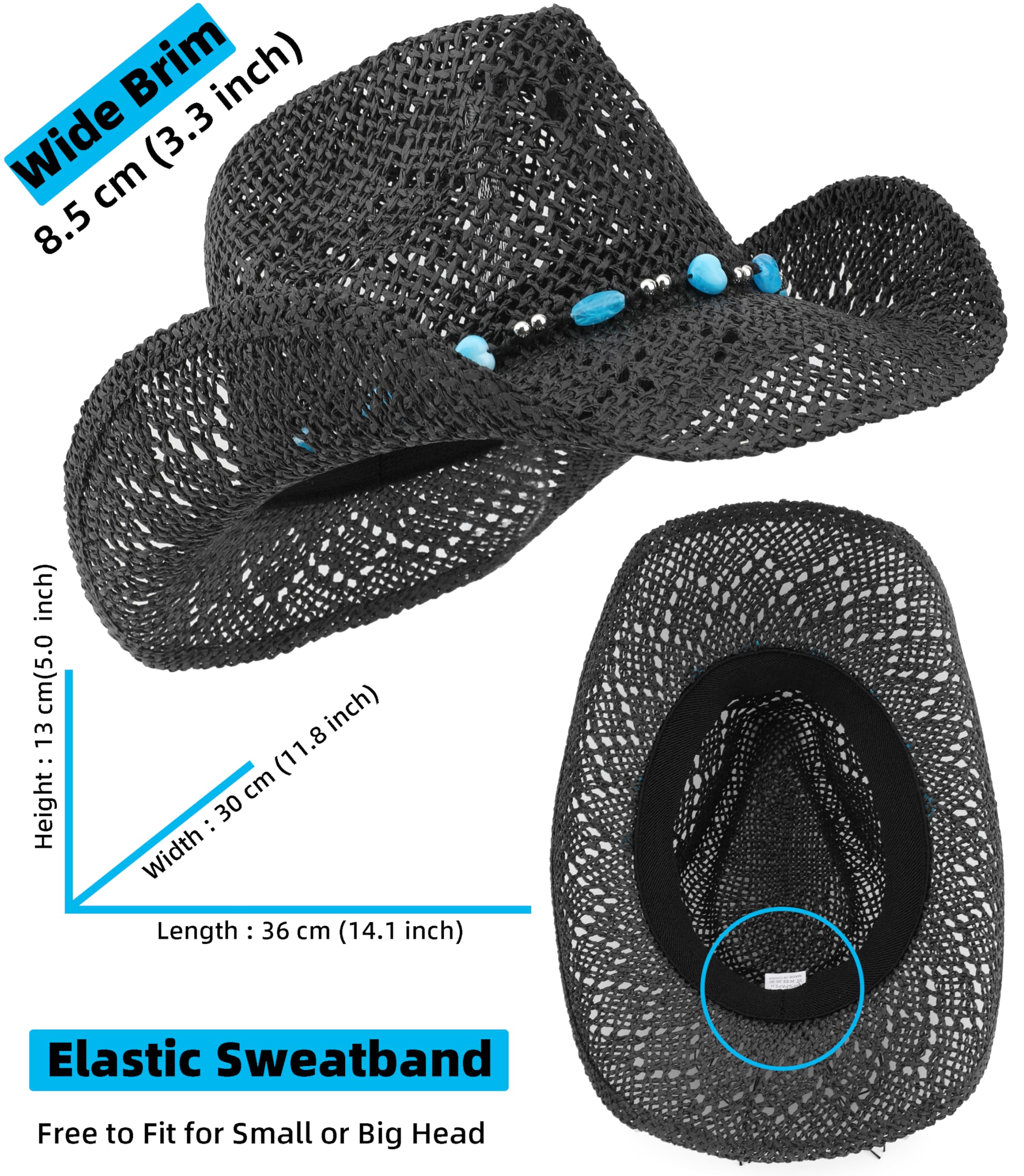 BESOOGII Straw Beach Cowboy Hat for Women Shapeable Brim Western Cowgirl Hat (US, Alpha, One Size, Black)